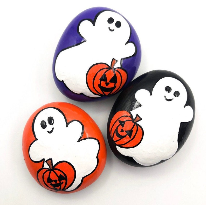 Halloween Ghost Painted Rocks: Trio of Hand-painted Stones - Etsy