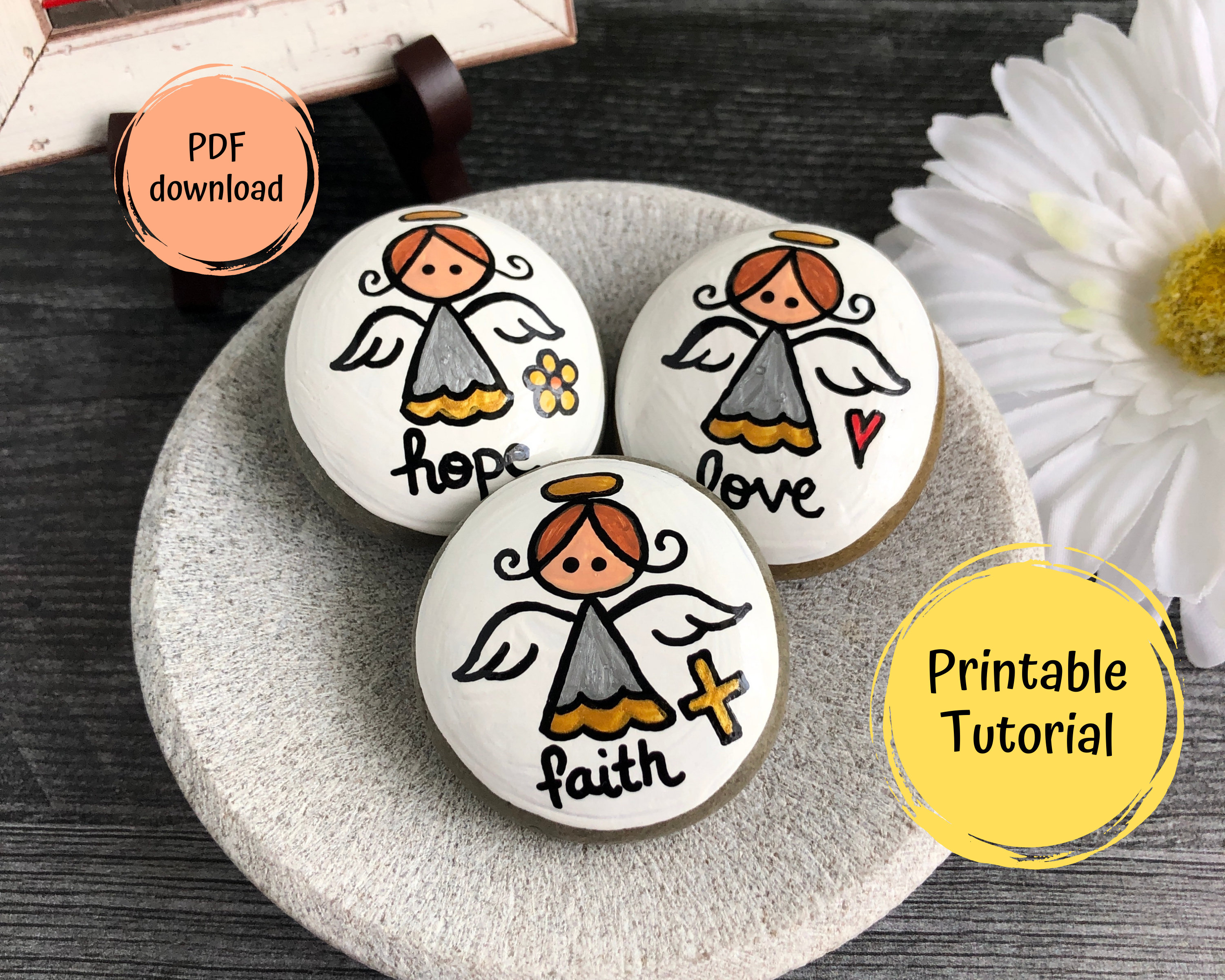 Angel Painted Rocks Tutorial: Faith, Hope, Love DIY (PDF Download) - Etsy
