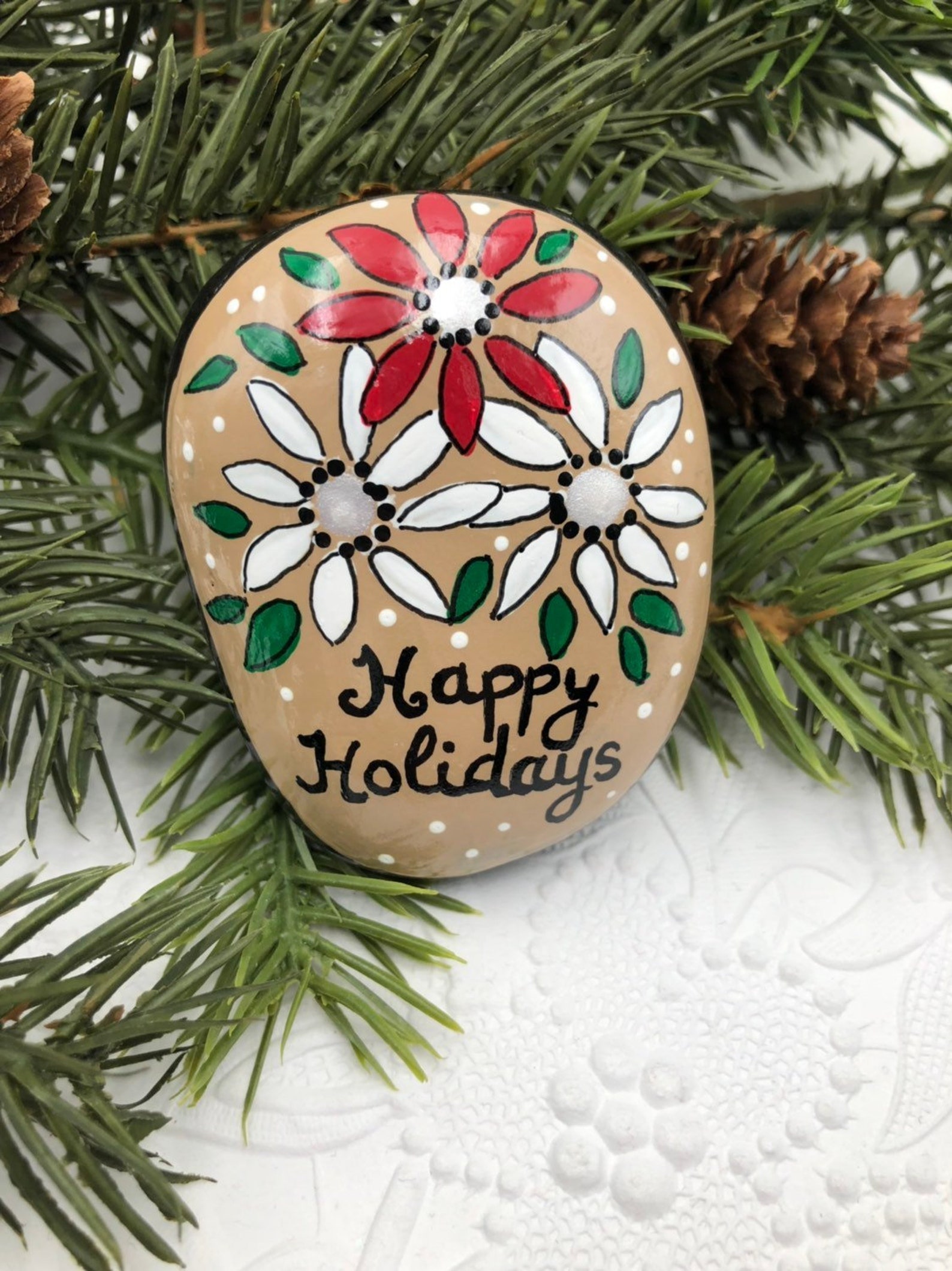 Happy Holidays Painted Rock: Christmas Floral Hand-painted Stone - Etsy