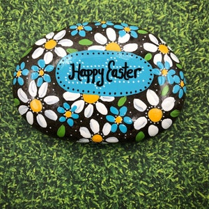 Happy Easter Painted Rock: Hand-painted Daisies, Easter Gift - Etsy