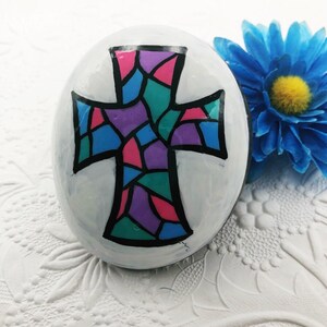 Stained Glass Cross Painted Rock: Hand-painted Stone Decor - Etsy