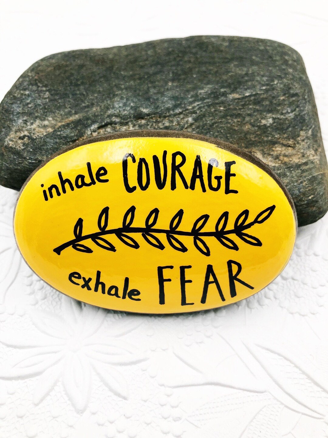 Inhale Courage Painted Rock: Yellow Affirmation Stone - Etsy