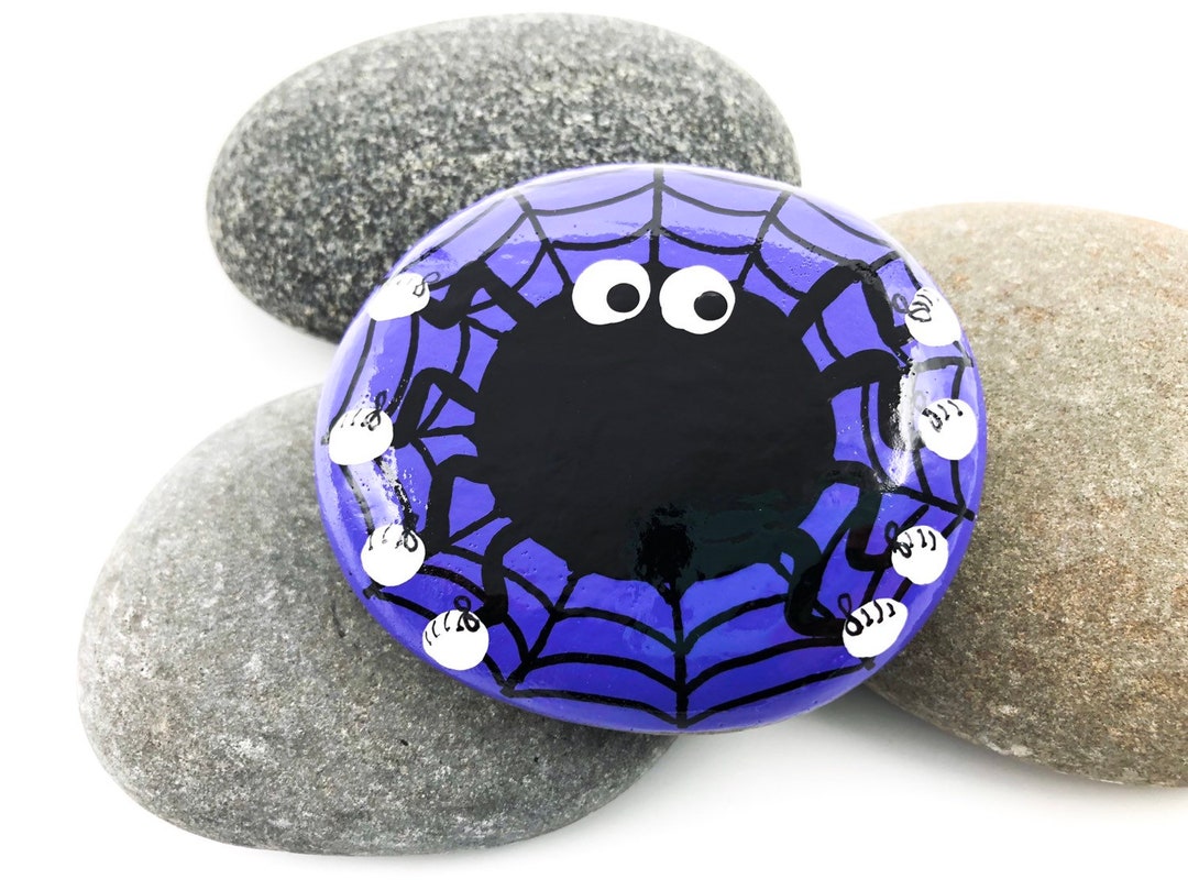 Halloween Painted Rock, Spider Painting, Spider Web, Hand Painted Rock ...