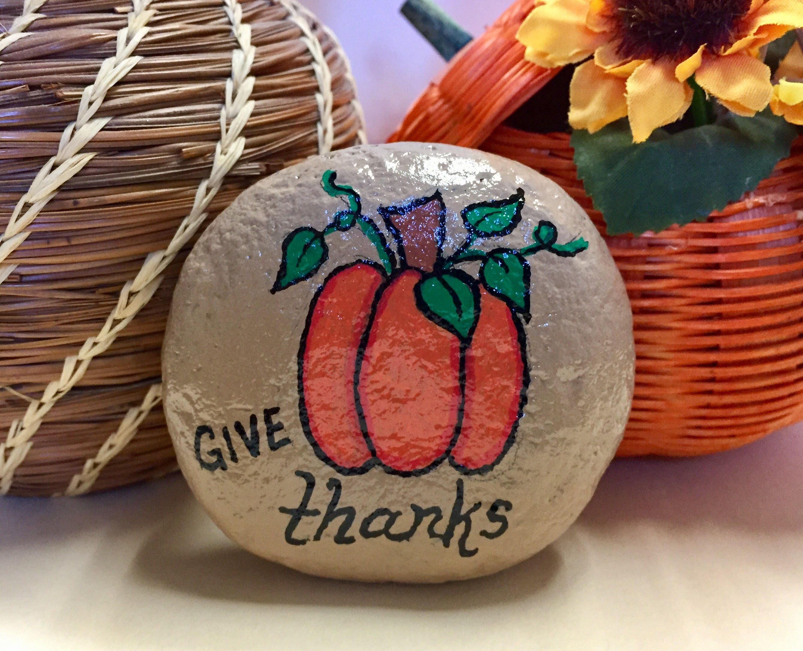 Give Thanks Painted Rock: Thanksgiving Pumpkin Decor - Etsy