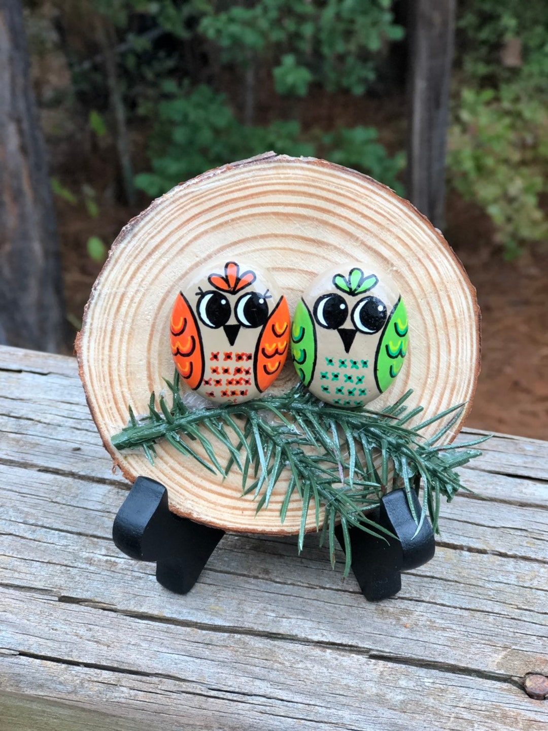 Painted Owl Pebble Art: Colorful Owls on Wood Slice - Etsy