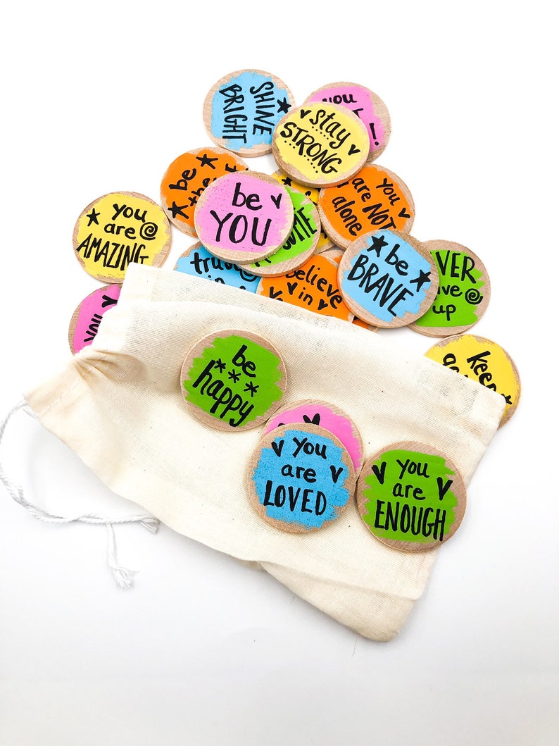 Positivity Coins Set: 20 Wooden Affirmation Tokens, Encouragement Gift ...