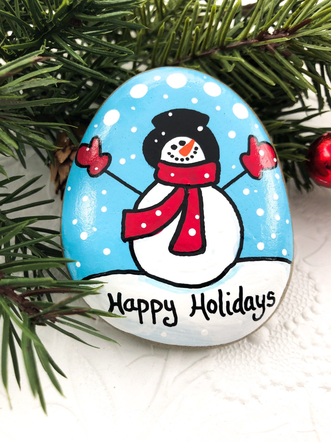Happy Holidays Painted Rock, Snowman Hand Painted Rock, Snow Scene ...