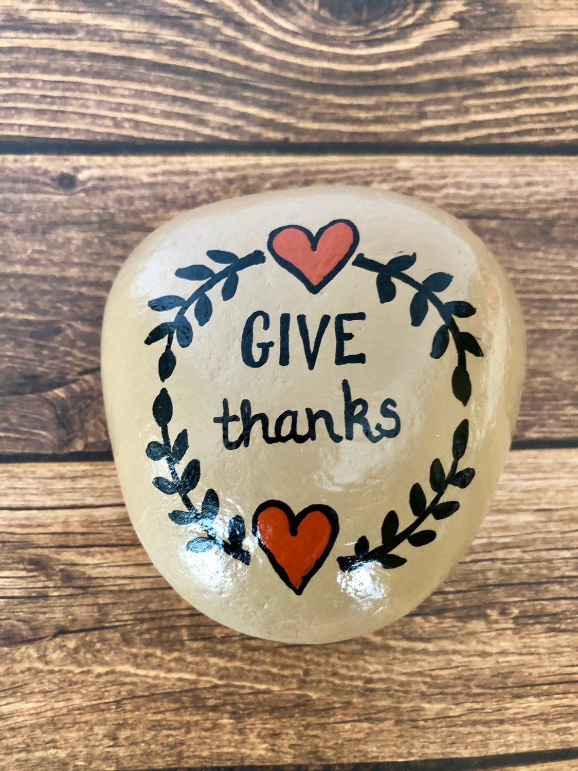 Give Thanks Painted Rock With Laurel, Thanksgiving Decoration, Give ...