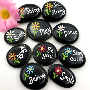 Affirmation Stones: Set of 10 Painted Encouragement Rocks With Flowers ...