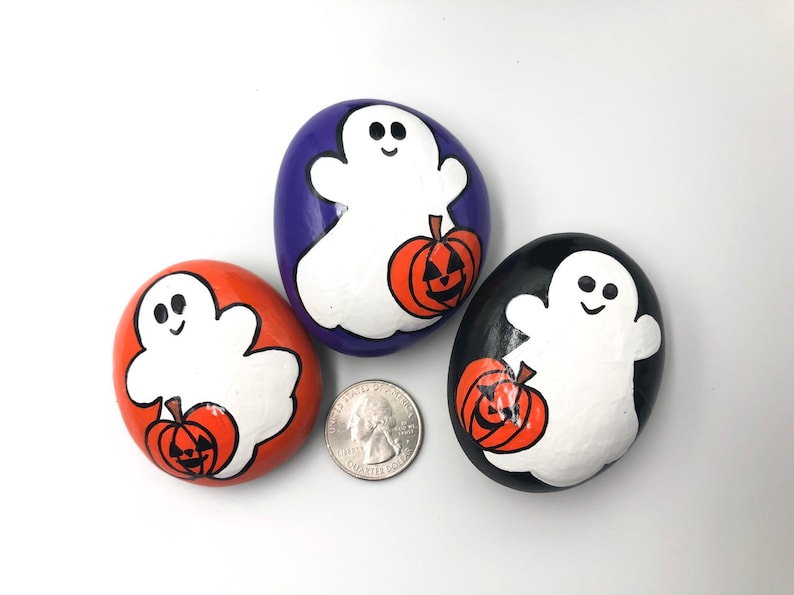 Halloween Ghost Painted Rocks: Trio of Hand-painted Stones - Etsy