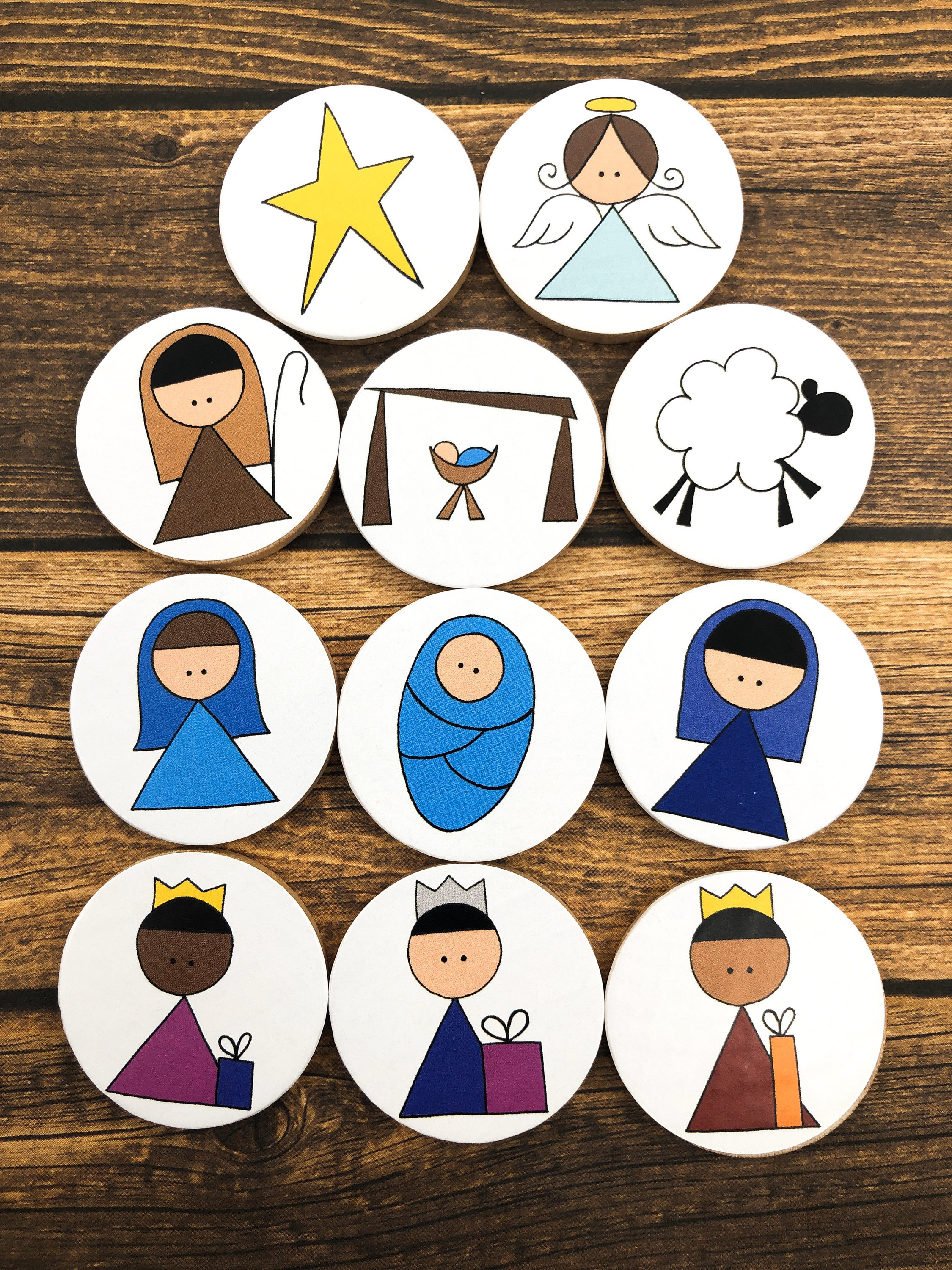 Birth of Jesus Story Tokens on Wooden Discs Manger Scene Christmas ...