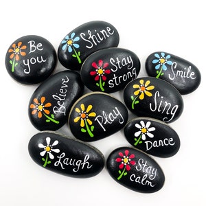 Encouragement Stones with Flowers, Set of 10 Affirmation Pocket Rocks ...