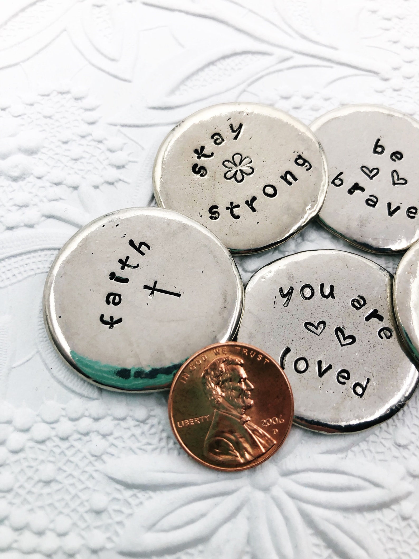 Set of 5 CUSTOM Pocket Coins Hand Stamped Pewter | Etsy