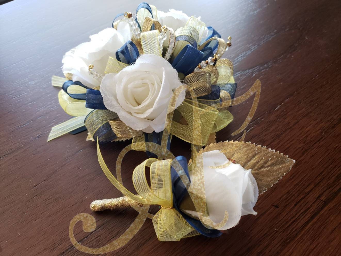 Yellow Blue Corsage Prom Ivory White Roses Blue Yellow | Etsy