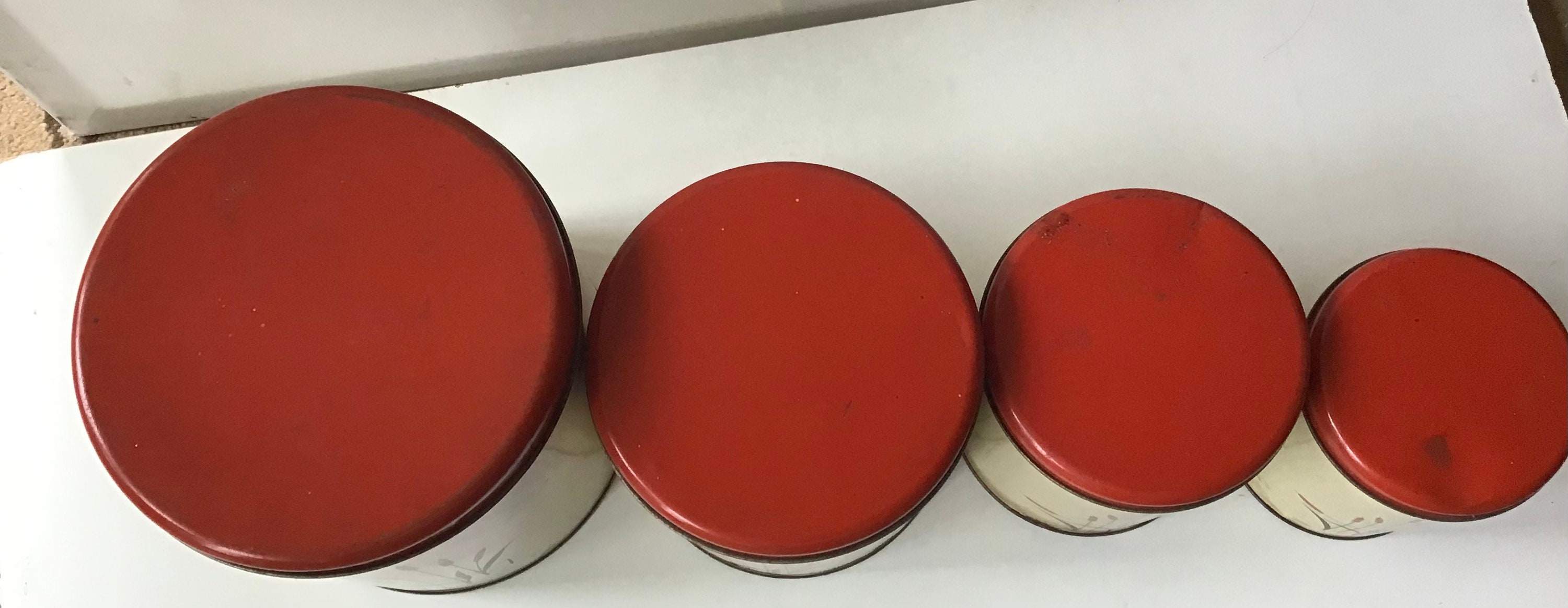 Vintage Tin Canister Set of Four White Nesting Tins With Retro Red Lids ...