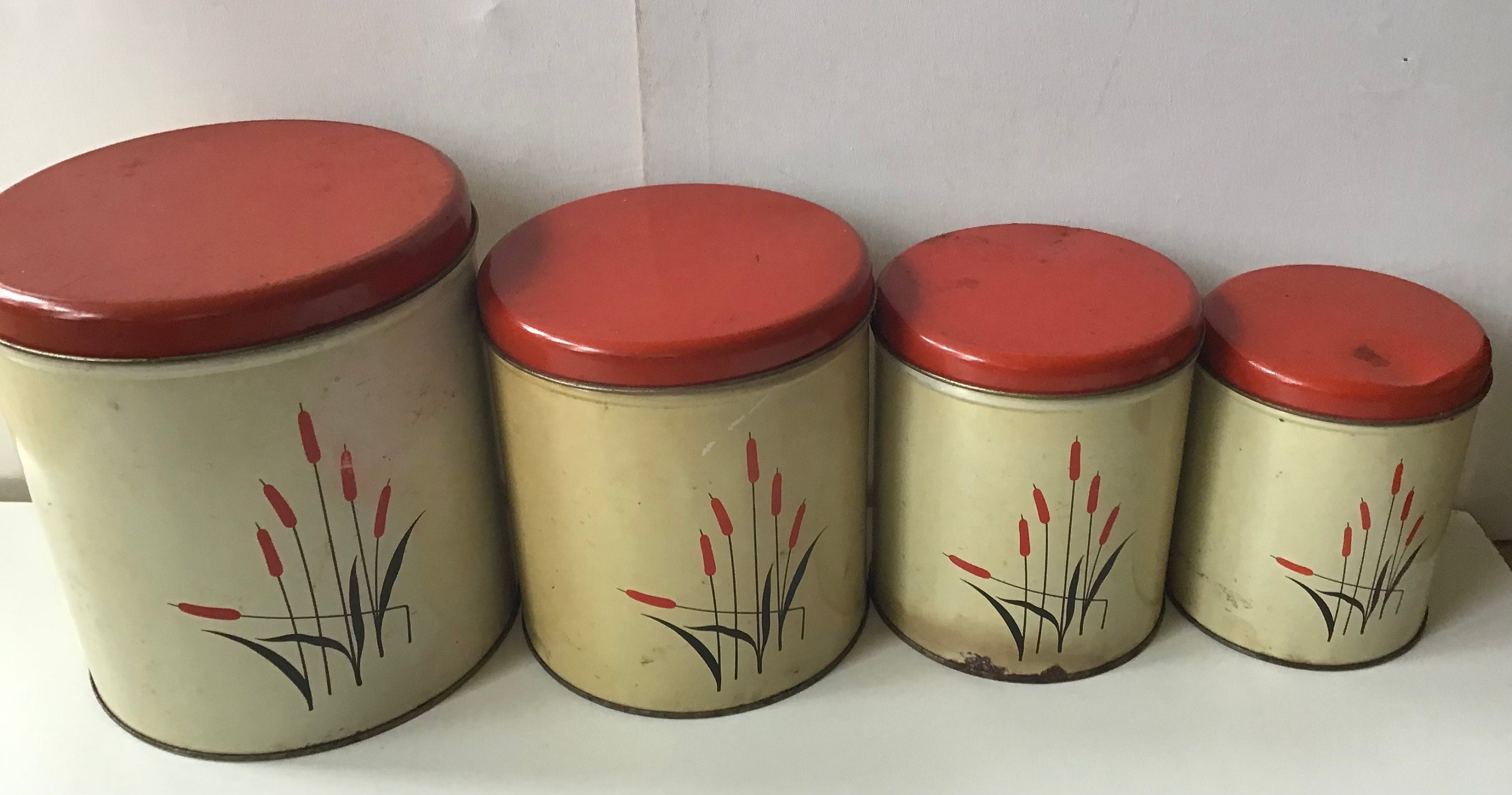 Vintage Tin Canister Set of Four White Nesting Tins With Retro Red Lids ...