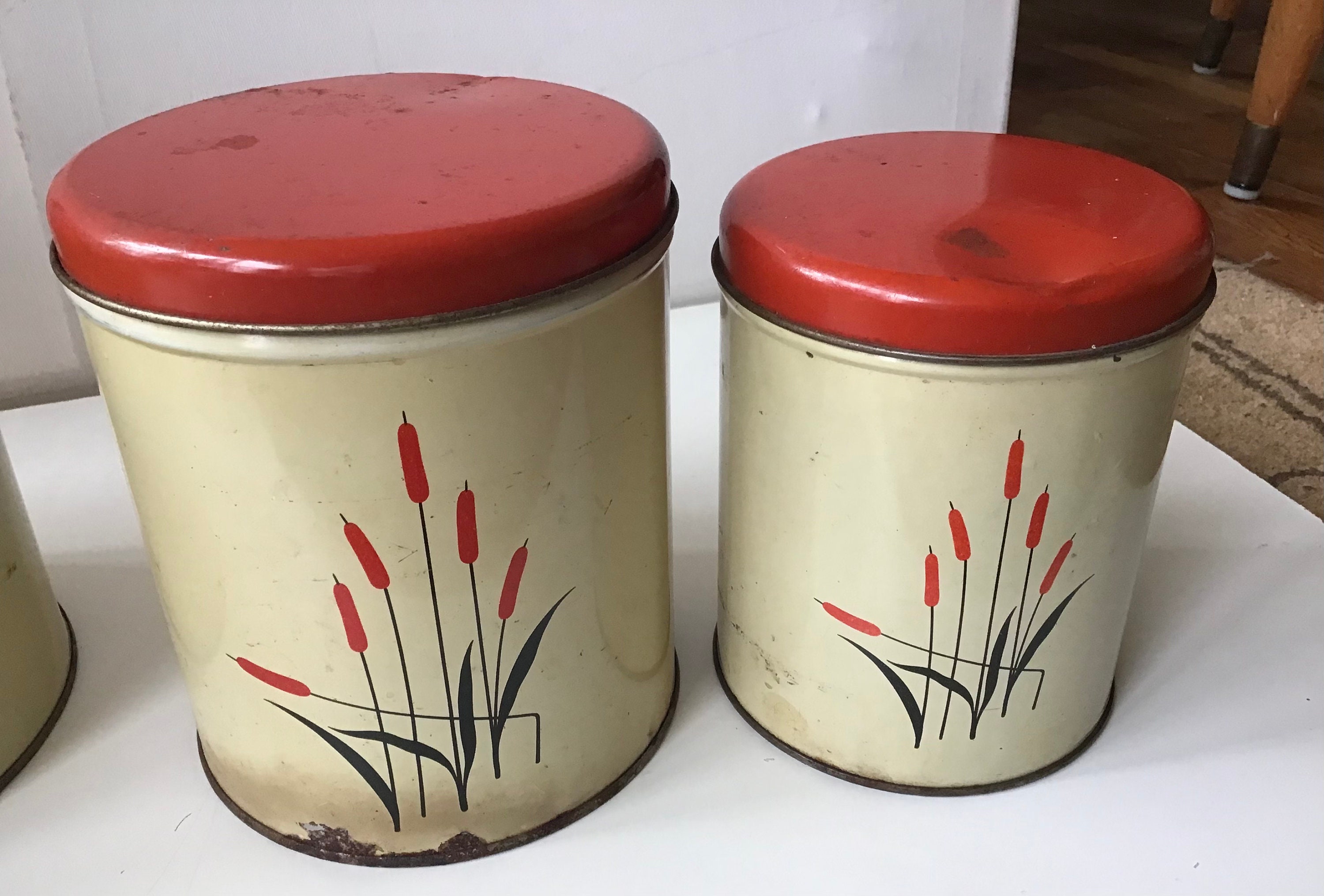 Vintage Tin Canister Set of Four White Nesting Tins With Retro Red Lids ...