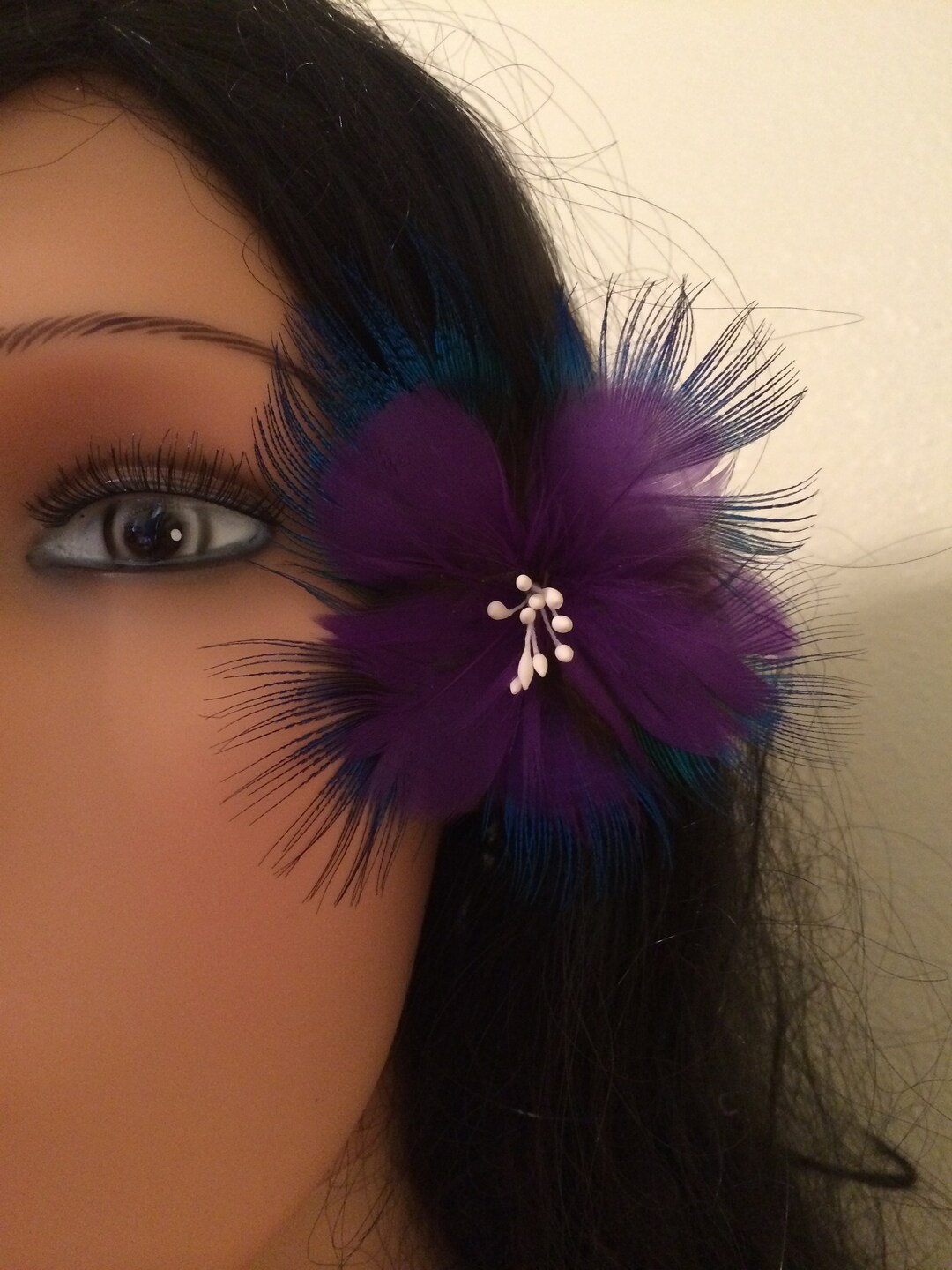 Natural Peacock Eyelash Plume Feathers With Purple Goose Feather Ear ...