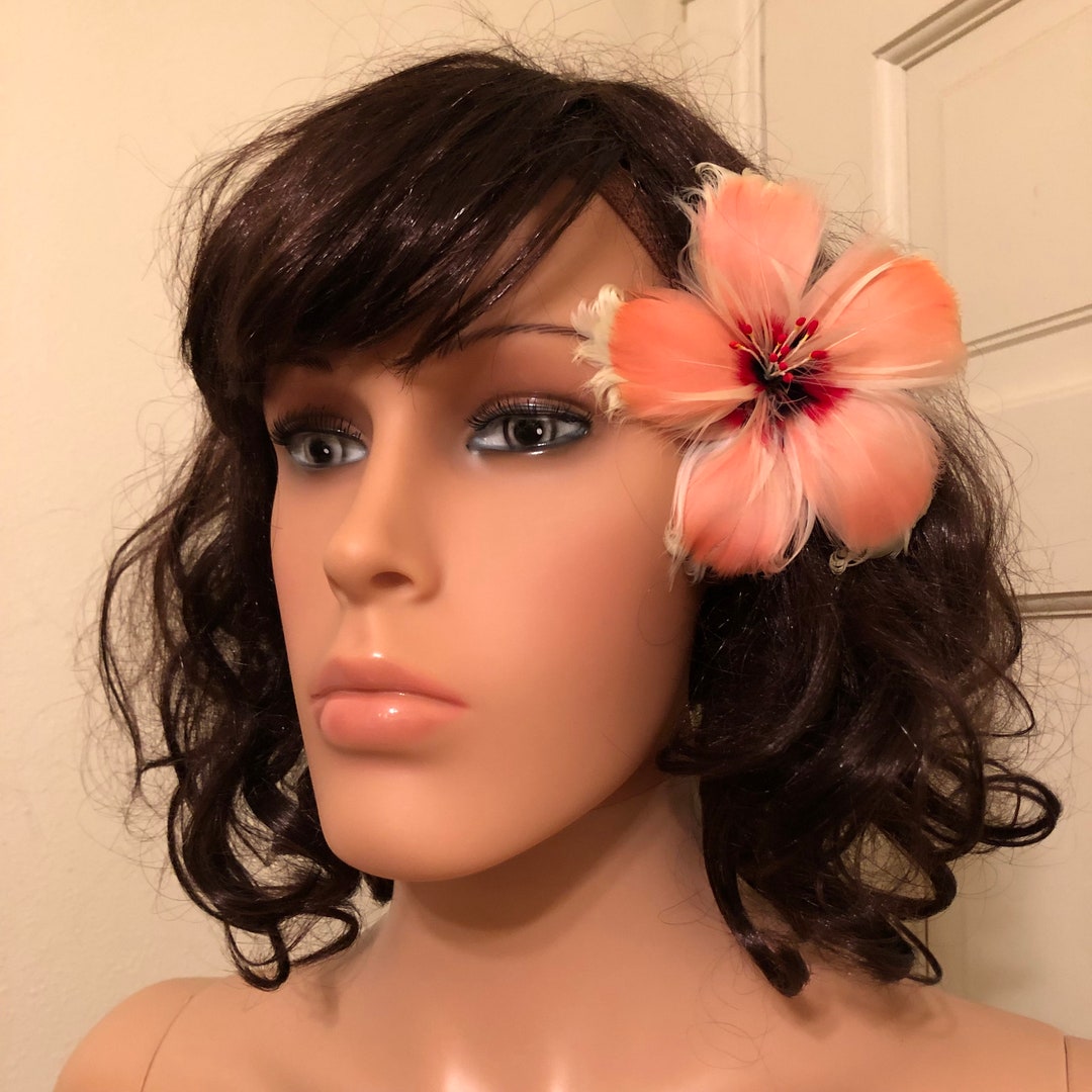 Peaches & Cream Hibiscus Feather Flower Ear Pick,Hawaiian Wear,Hawaiian ...
