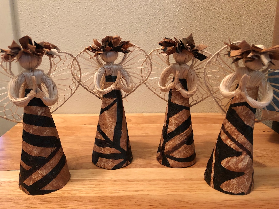 Abaca Tapa Angels Set of 4 6.25",christmas Ornaments,polynesian Angel ...