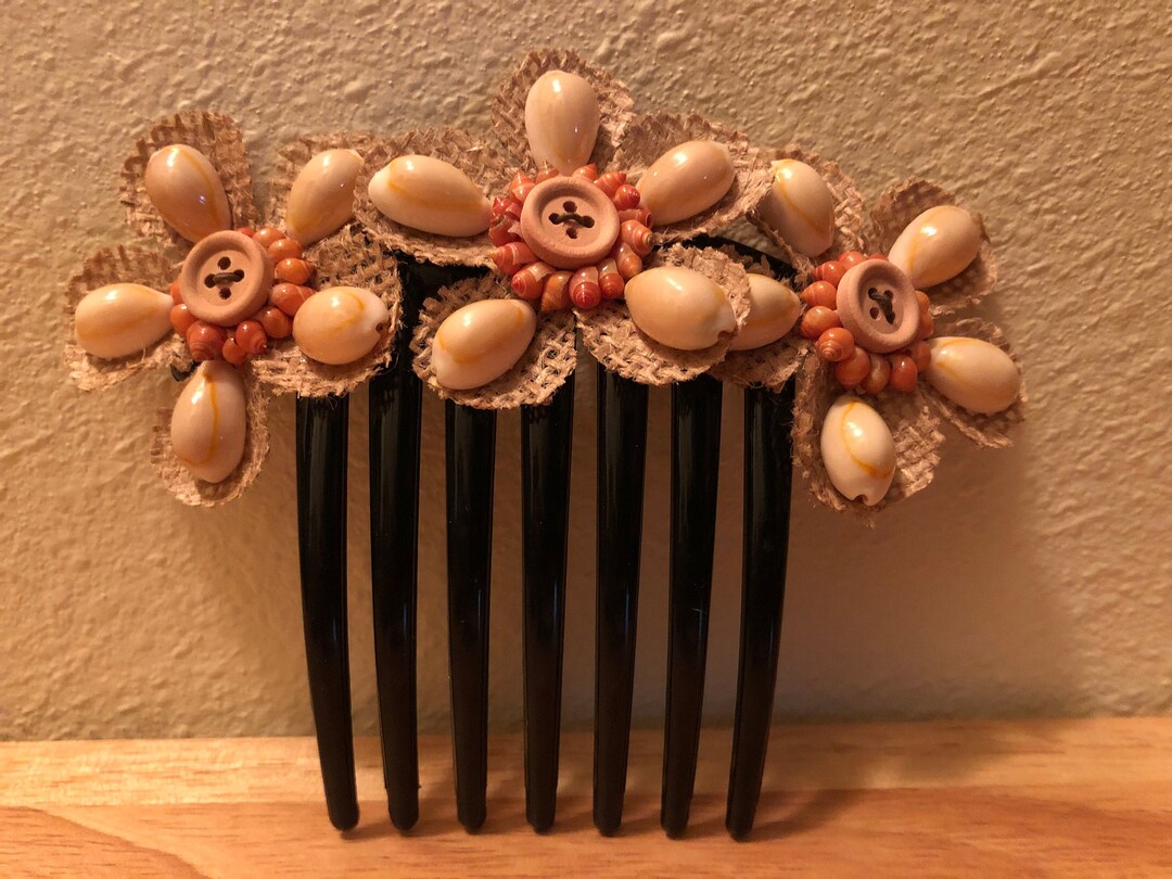 Burlap & Cowry Shell Flower French Hair Comb,hawaiian Wear,yellow Top ...