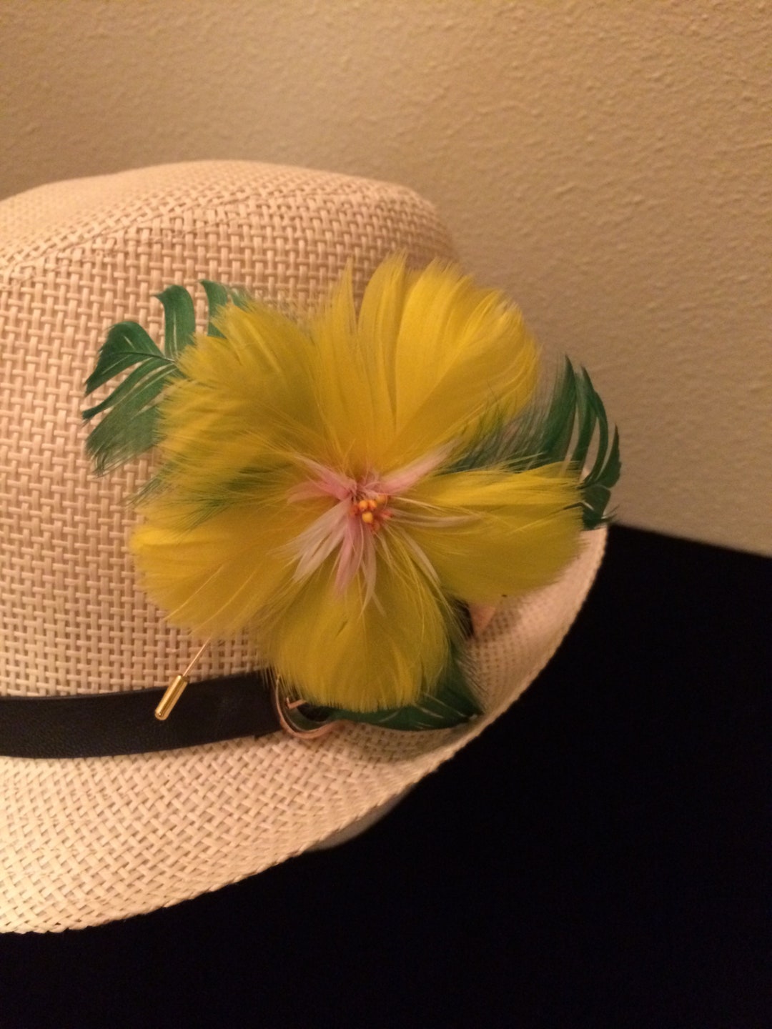 Yellow Hibiscus Feather Flower Hat Lapel Pin,tropical Hibiscus Feather ...