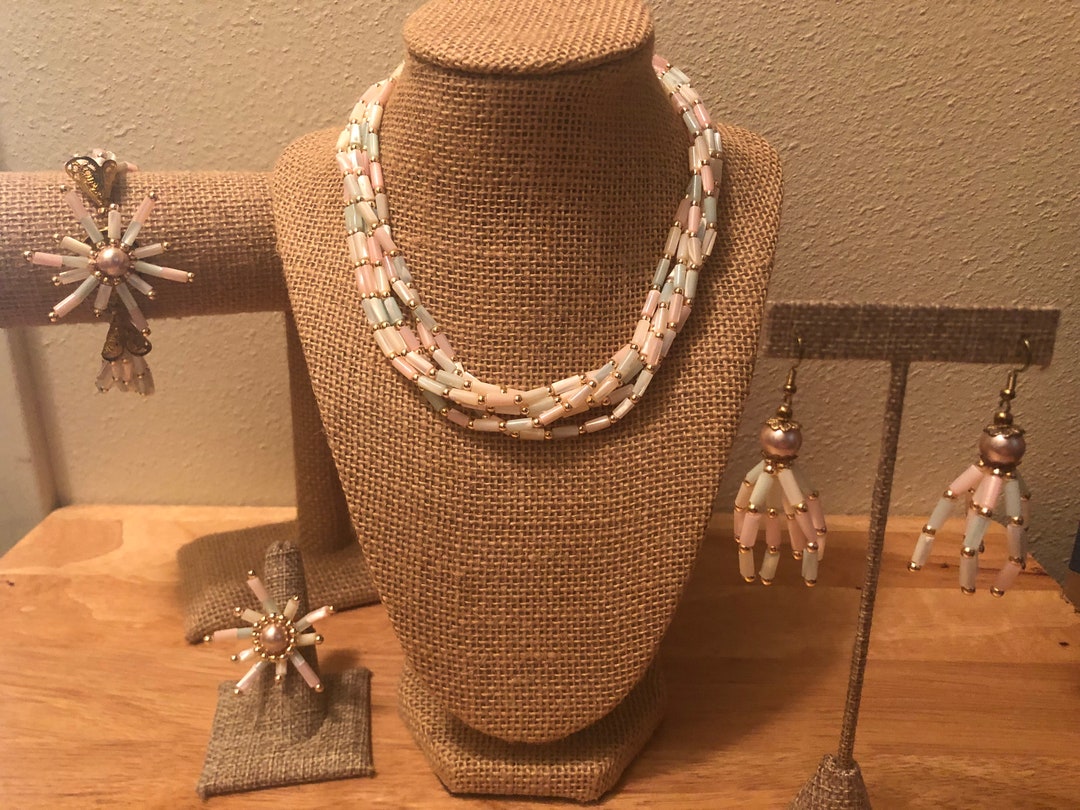 6 Strand Twisted Tri-color Mother of Pearl Bugle Bead Choker Set ...