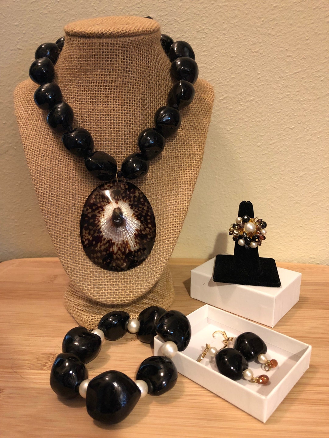 Large Black & White Limpet ( Opihi ) Shell Choker Jewelry Set,black ...