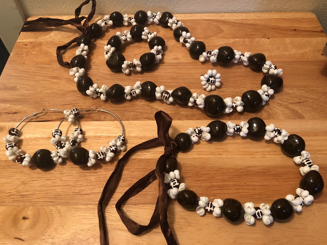 His & Hers Brown White Kukui Nut Shell Lei Set,white Mongo Shell Lei ...