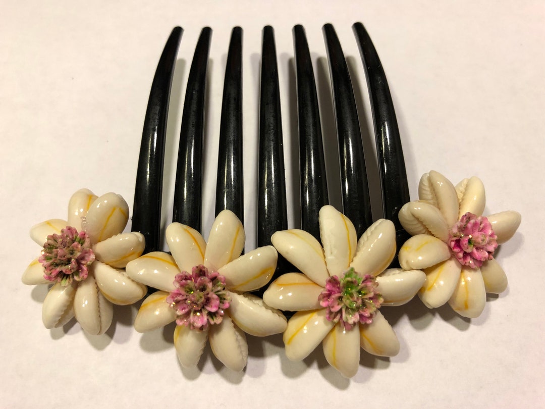 Yellow Round Top Cowry Shell & Pink Cabochon French Comb,hair Jewels ...