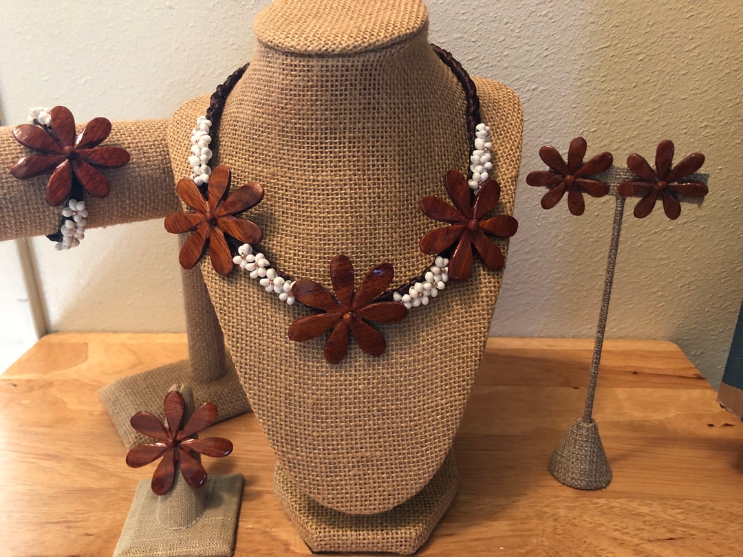 Koa Wood Tiare Flowers & White Mongo Shell Plumeria Jewelry Set ...