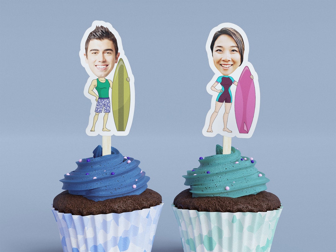 Cartoon Surfer Cupcake Toppers - Custom Birthday Party Cupcake Toppers ...
