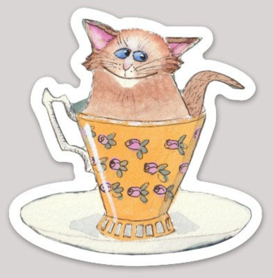 Sticker: Buff Kitten in Teacup - Etsy
