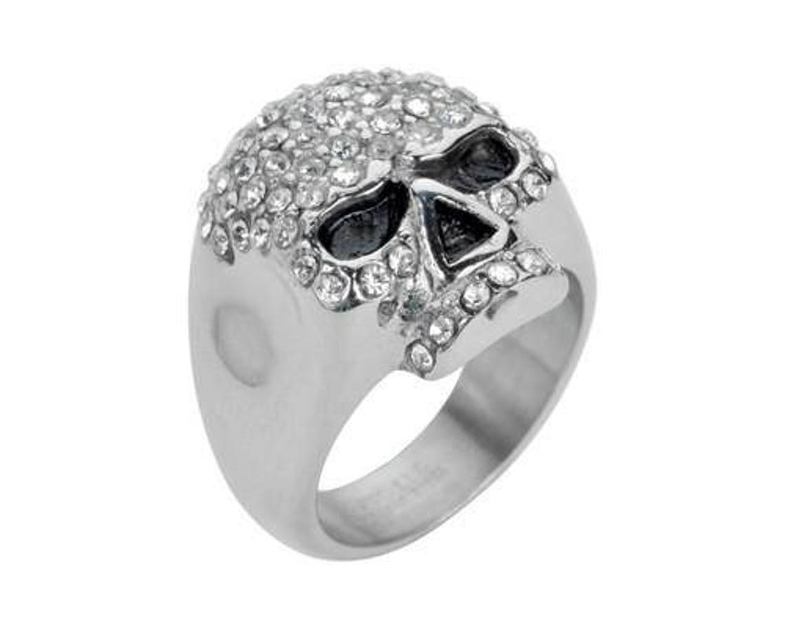 Ladies Bling Skull Imitation Diamond Ring Stainless Steel Motorcycle ...