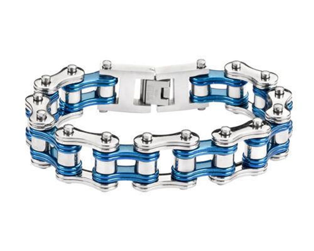 Two Tone Silver Candy Blue 3/4 Inch Wide Double Link Design Unisex ...