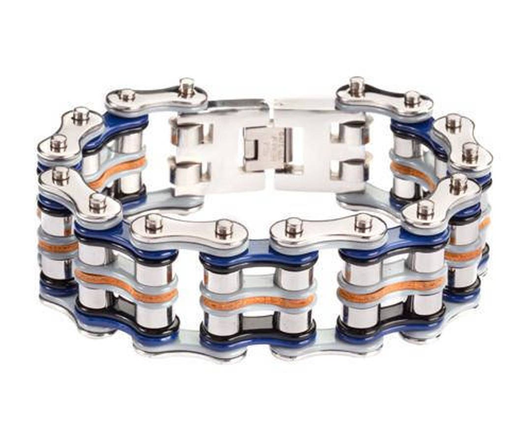 1 Inch Wide Tri Color Silver Blue Grey Leather Men's Stainless Steel ...