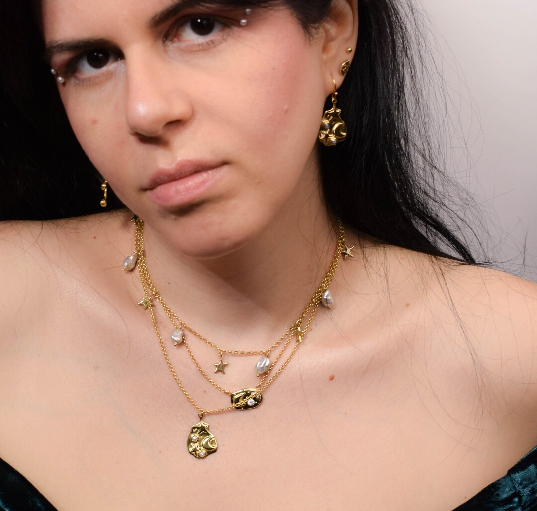 Celestial Gold Necklace With Pearls, Moon and Stars - Etsy