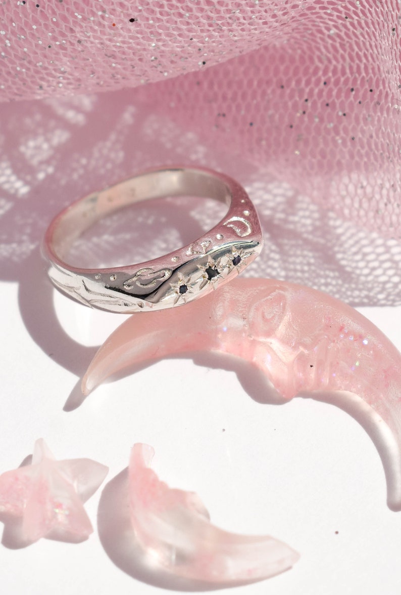 Blue Sapphire Celestial Ring Silver Signet Ring | Etsy