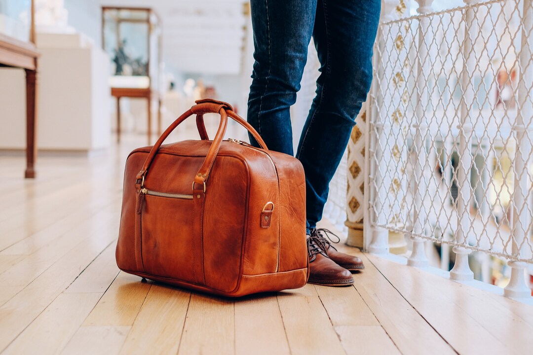 Leather Duffle Bag, Cabin Bag, Carry on Lite, Cognac Weekender, Holdall ...