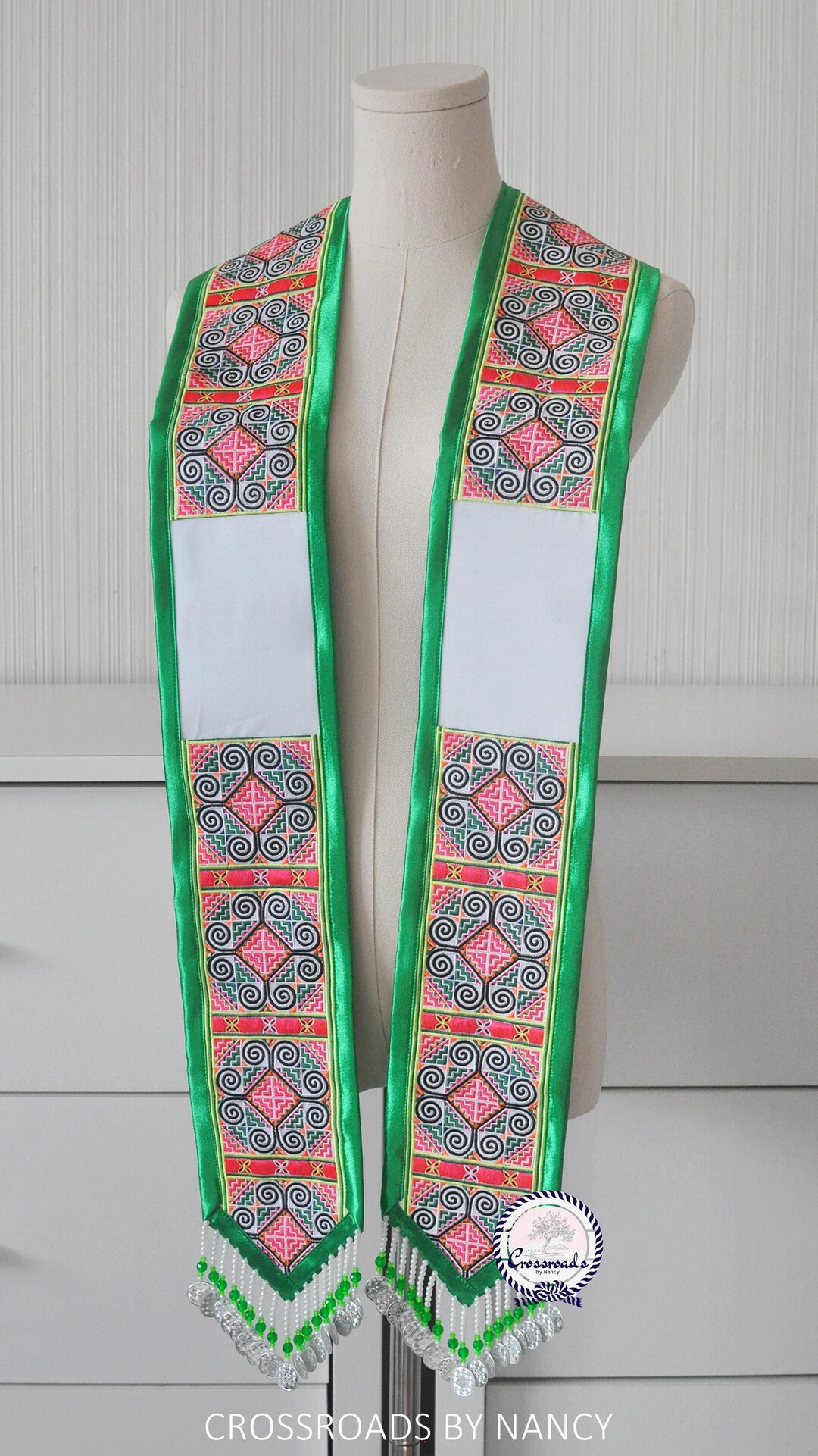 Hmong Embroidery Graduation Stole Green Paj Ntaub Personalize With Your ...
