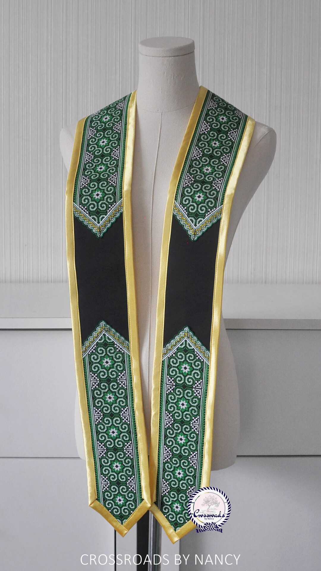 Hmong Embroidery Graduation Stole - Green and Yellow - Personalize With ...