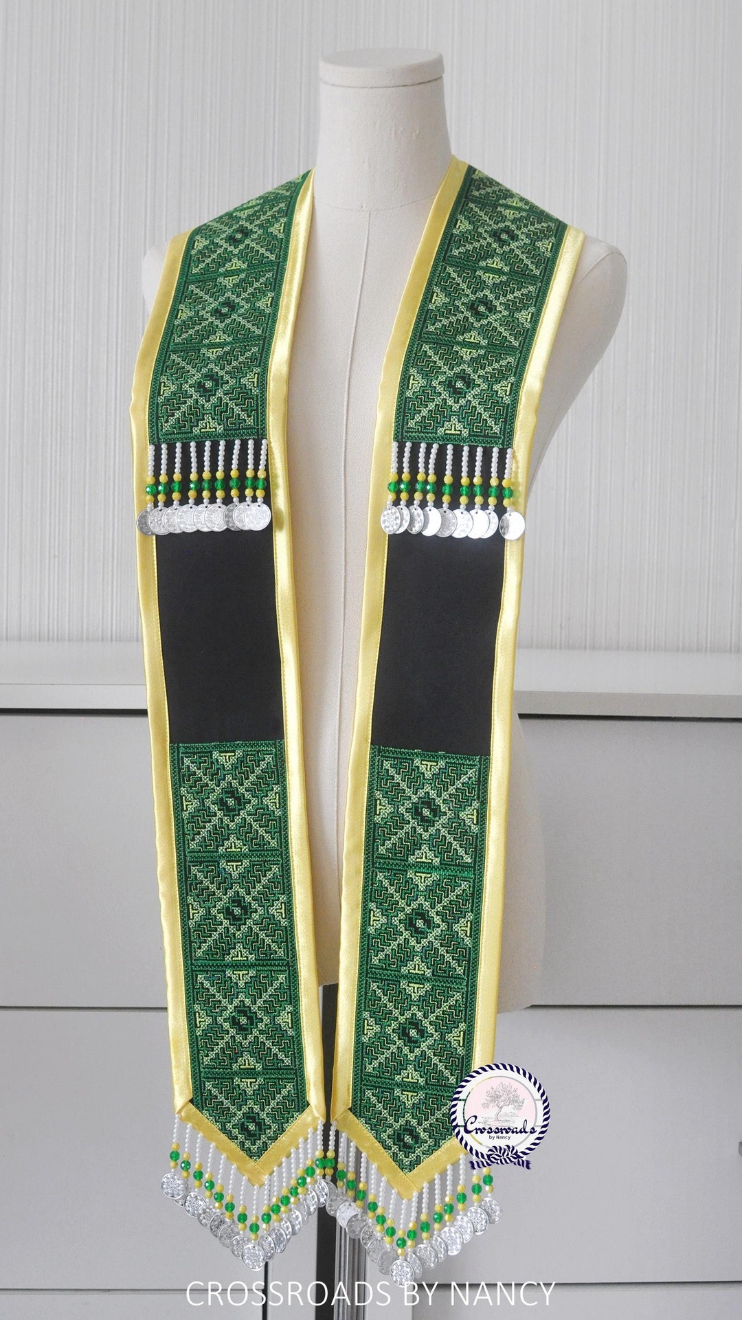 Hmong Embroidery Graduation Stole Green and Yellow Personalize With ...