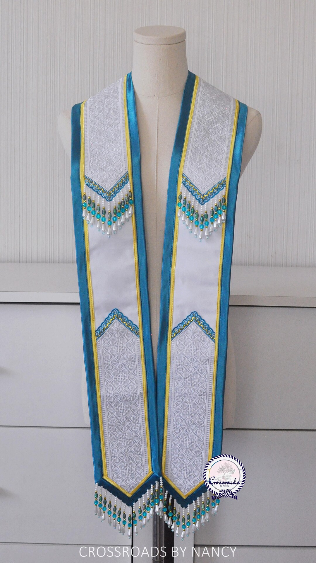 Hmong Embroidery Graduation Stole - Teal, Yellow, and White ...