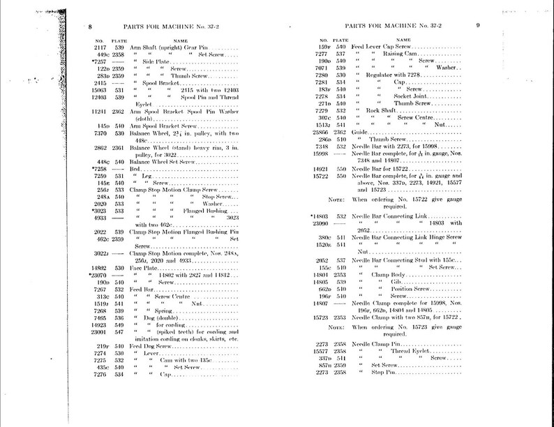 Singer 37 Class 37-2 to 37-10 Parts List and Oiling Manual Form 8921 ...