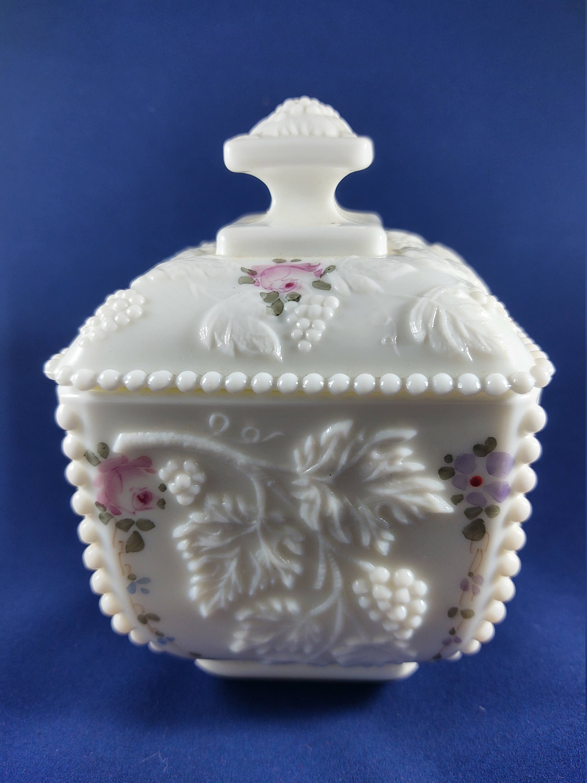 Westmoreland Paneled Grape Milk Glass Beaded Square Puff Box With Lid ...