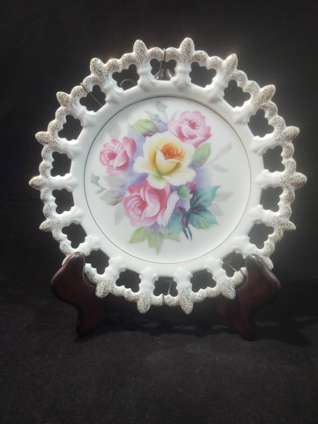 Vintage Hand Painted Reticulated Edge Rose Plate With Metal Hanger - Etsy
