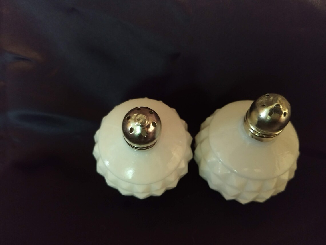 Miniature Milk Glass Diamond Cut Round Salt and Pepper Shakers | Etsy