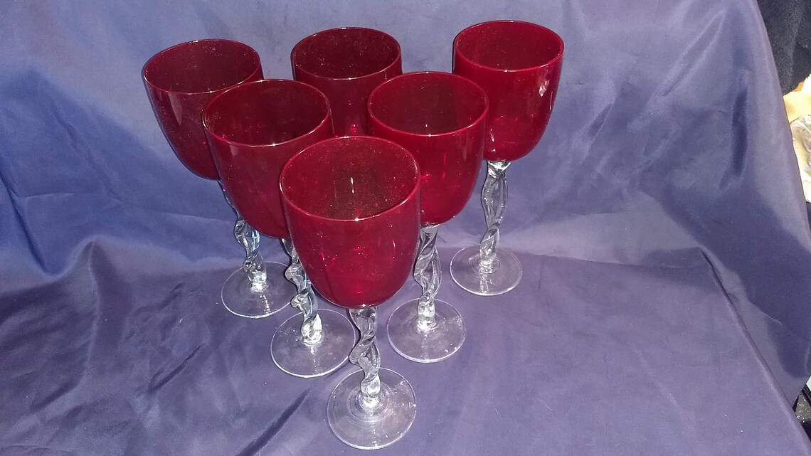 Blown Glass Crystal Goblets With Ruby Bowls and Clear Twisted | Etsy