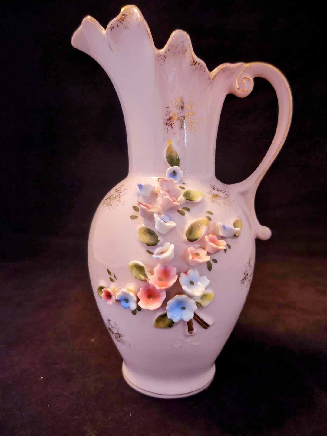 Vintage Ucagco Japan Pink and Gold Pitcher With Applied Flowers - Etsy