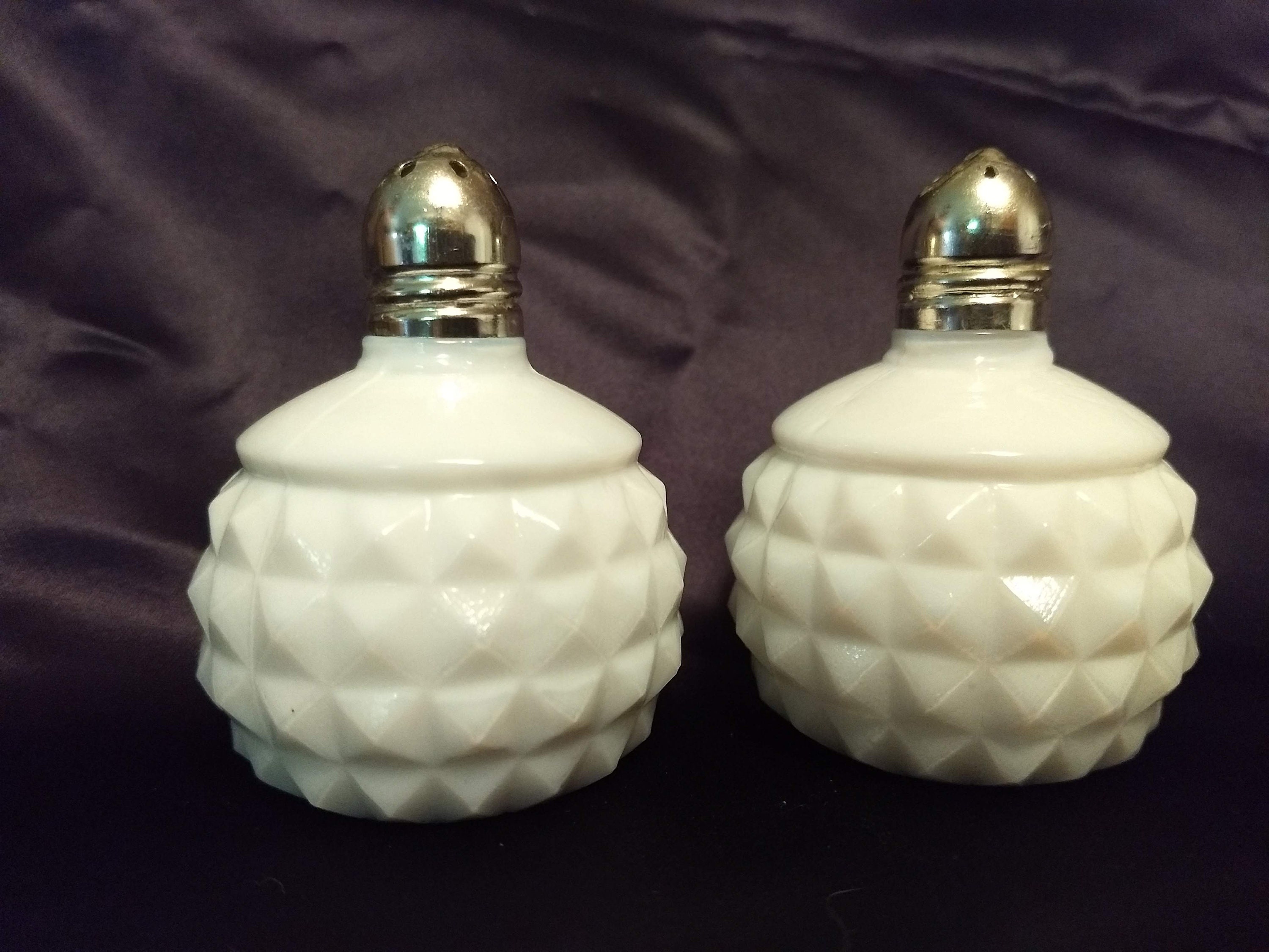 Miniature Milk Glass Diamond Cut Round Salt and Pepper Shakers - Etsy